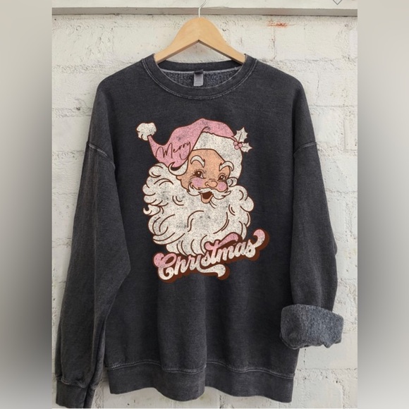 Tops | Distressed Pink Merry Christmas Santa Sweatshirt | Poshmark
